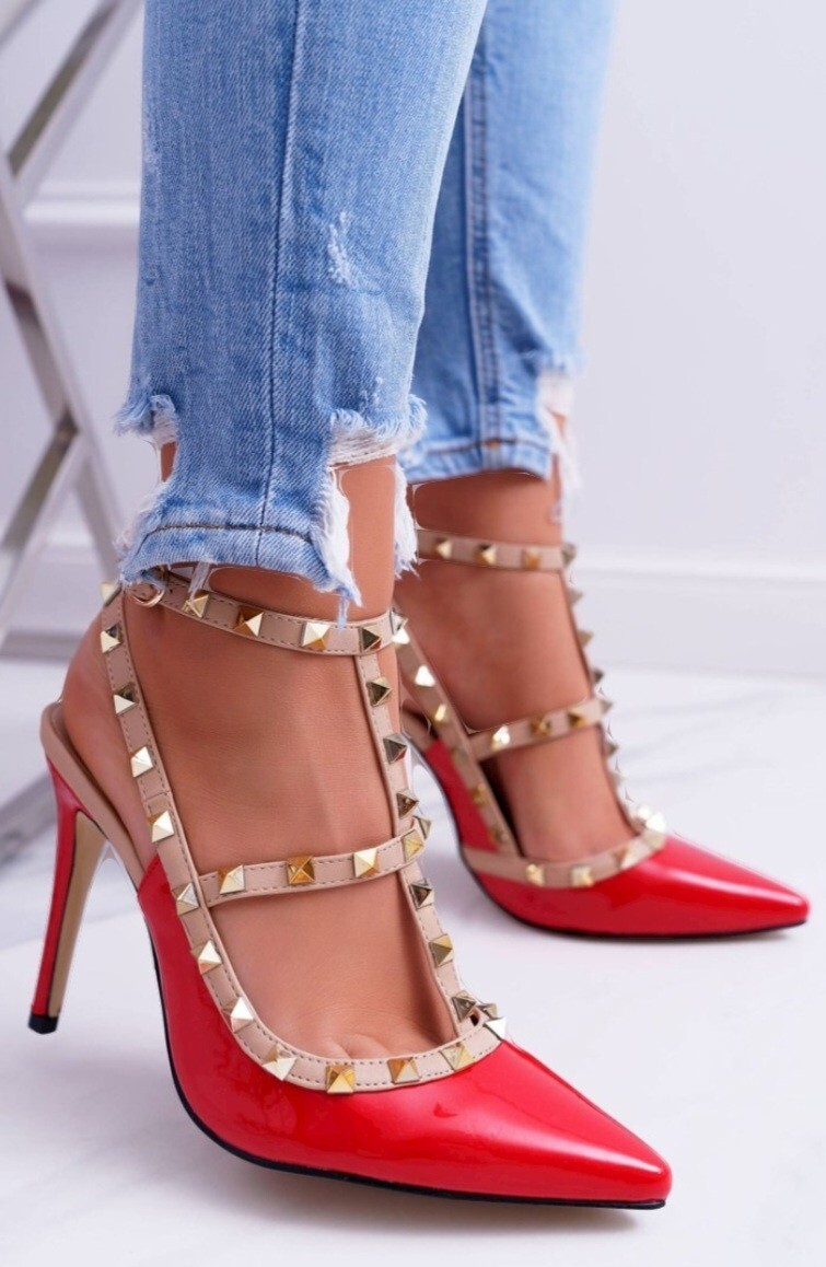 NEW women shoes high heel size 4 sandals high heel red studded | eBay UK