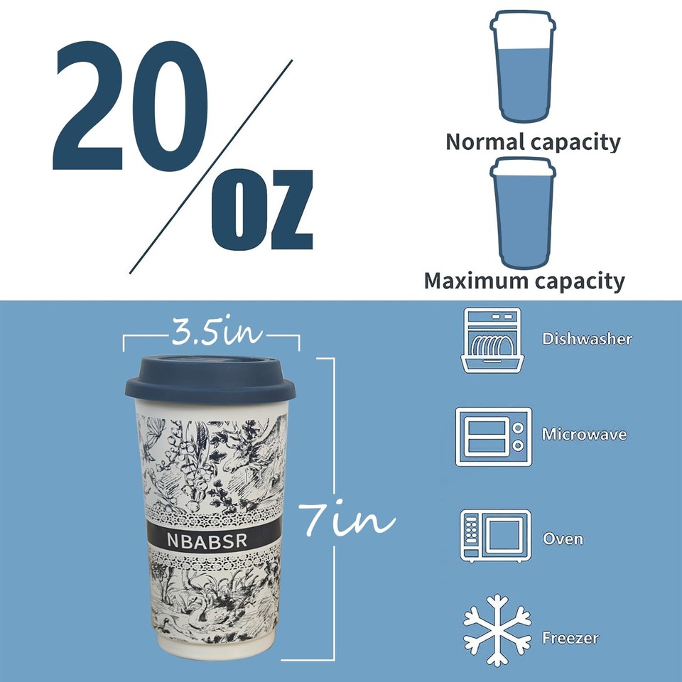 20 OZ Ceramic Coffee Mugs with Lid Large Ceramic Travel Tumble Cups To ...