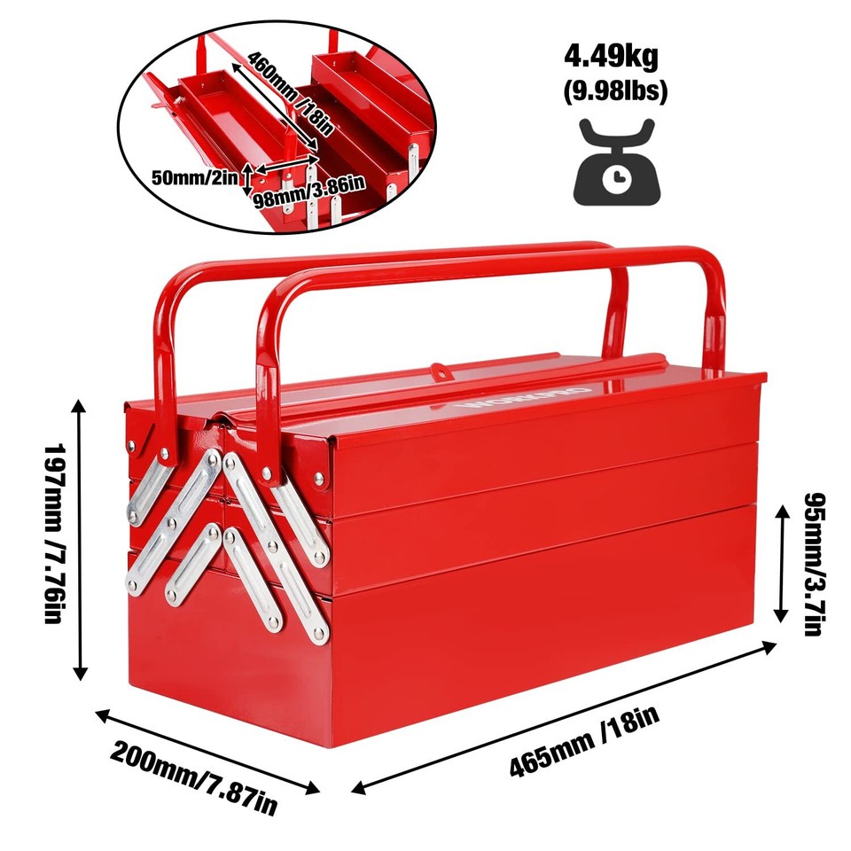 WORKPRO Metal Tool Box 18'' Cantilever Folding Red Storage Box 3-Layer ...