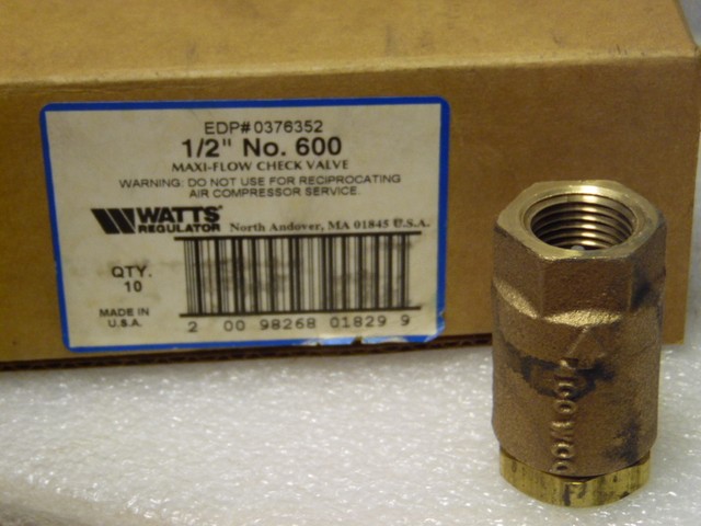 One Watts EDP #0376352 No. 600 1/2" Maxi Flow Check Valve Solid Brass ...