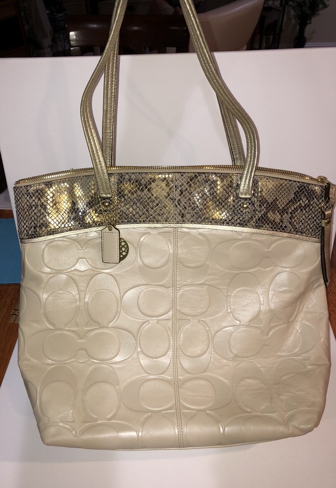 coach beige leather snakeskin emboss large tote women's handbag | eBay
