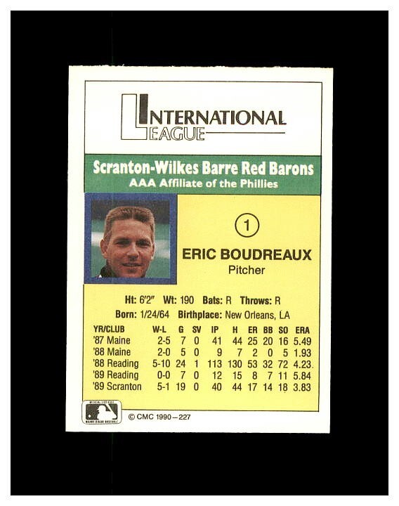 Eric Boudreaux 1990 CMC #1 Scranton/Wilkes-Barre Red Barons | eBay