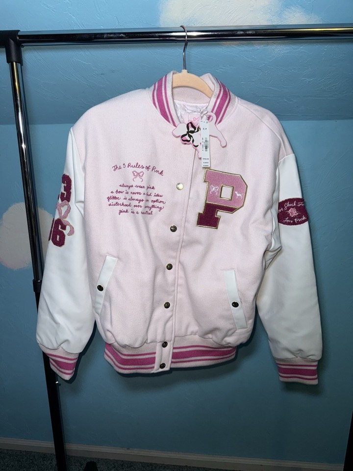 PINK x LoveShackFancy Reissued Boyfriend Varsity Jacket. ‼️READY TO ...