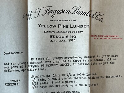 St. Louis Missouri Vintage Letterhead And Cover W.J. Ferguson Lumber ...