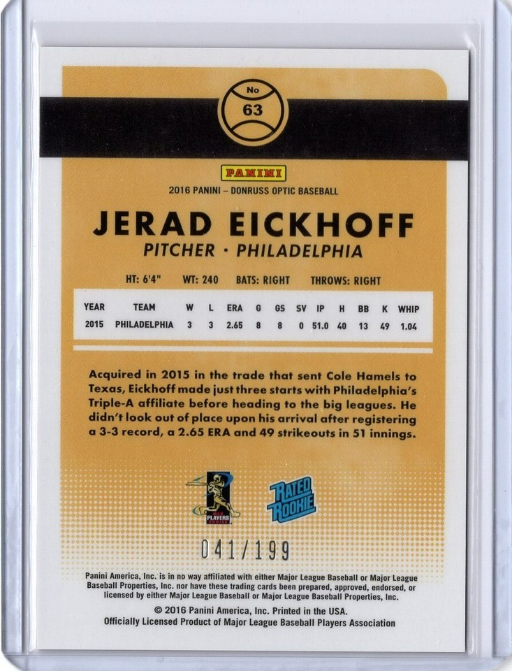 2016 Donruss Optic Orange #63 Jerad Eickhoff RR /199 Rookie RC | eBay