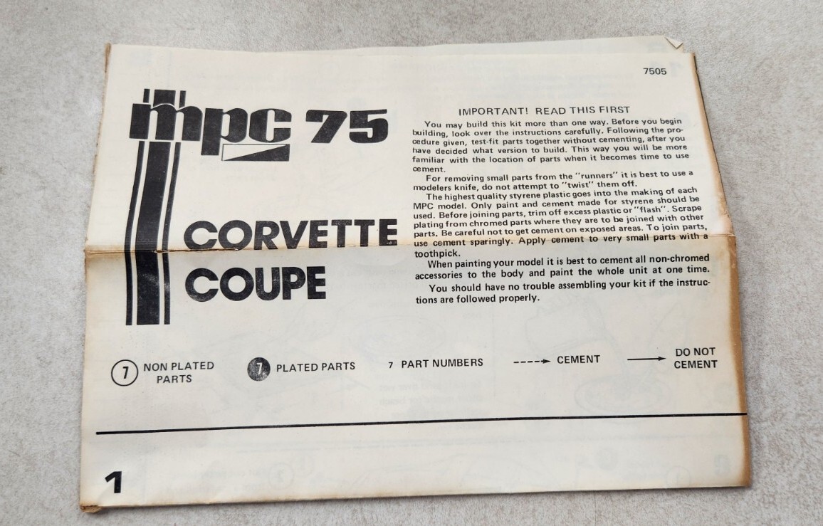 MPC 75 Chevrolet Corvette Coup Model 7505 Instructions Only | eBay