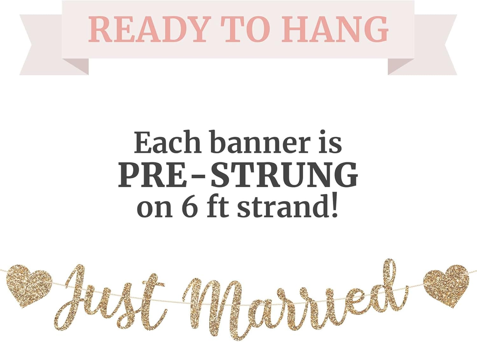 Pre-strung Just Married Banner - No DIY - Gold Glitter Wedding Party ...