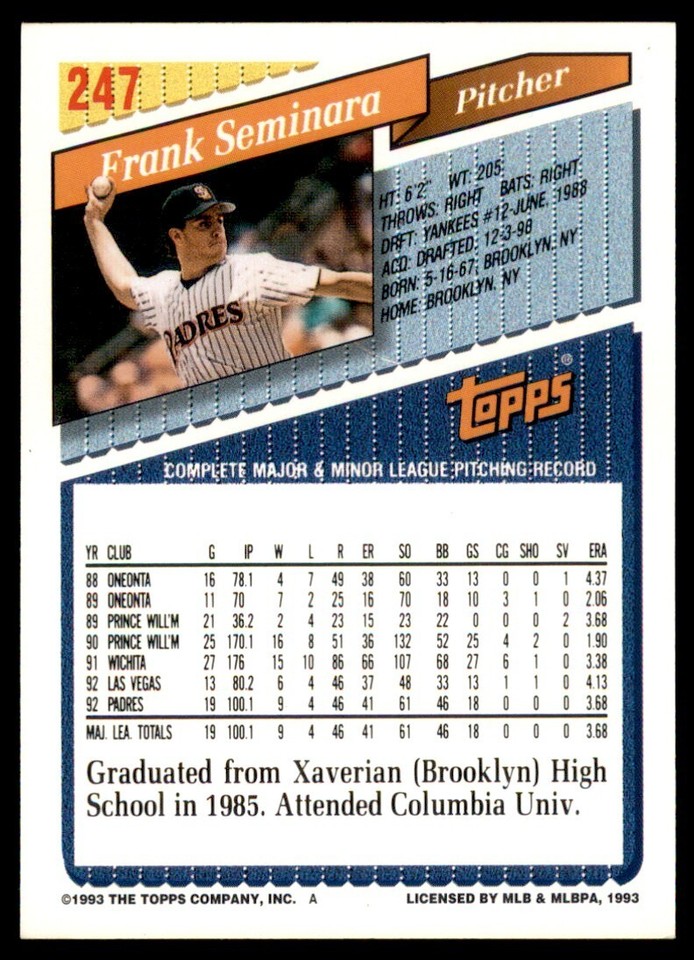 1993 Topps Baseball #247 Frank Seminara | eBay
