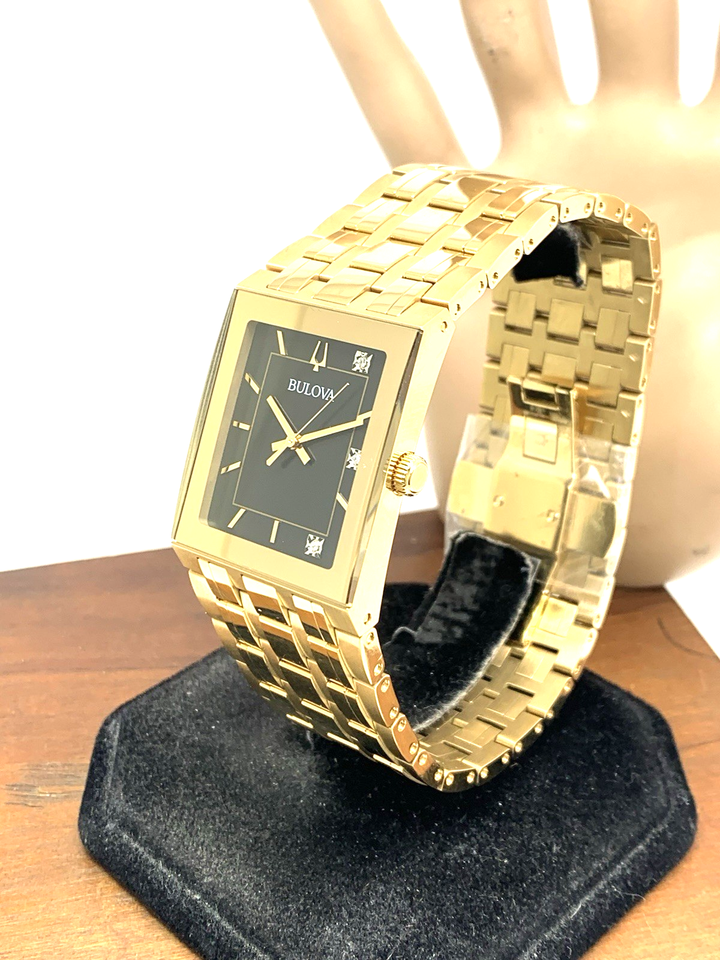 Bulova Men's Watch 97D132 Quadra Quartz Diamond Black Dial Gold Steel ...