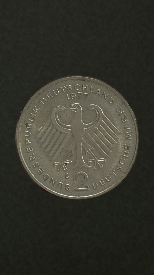 1977 Germany 2 Deutsche Mark Coin G Mint Konrad Adenauer / German Eagle ...