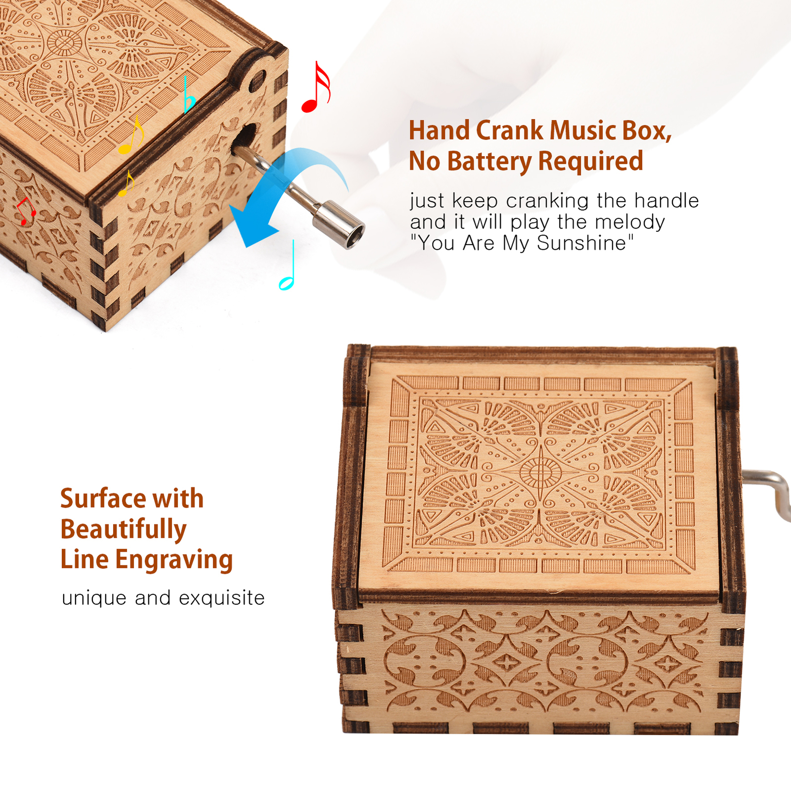 Wooden Hand Music Box Classical Musical Boxes Gifts You are My Sunshine ...