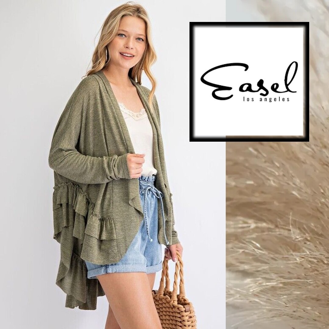 1X 2X 3X EASEL SAGE Heather Hacci Knit High Low Ruffled Hem Jacket ...