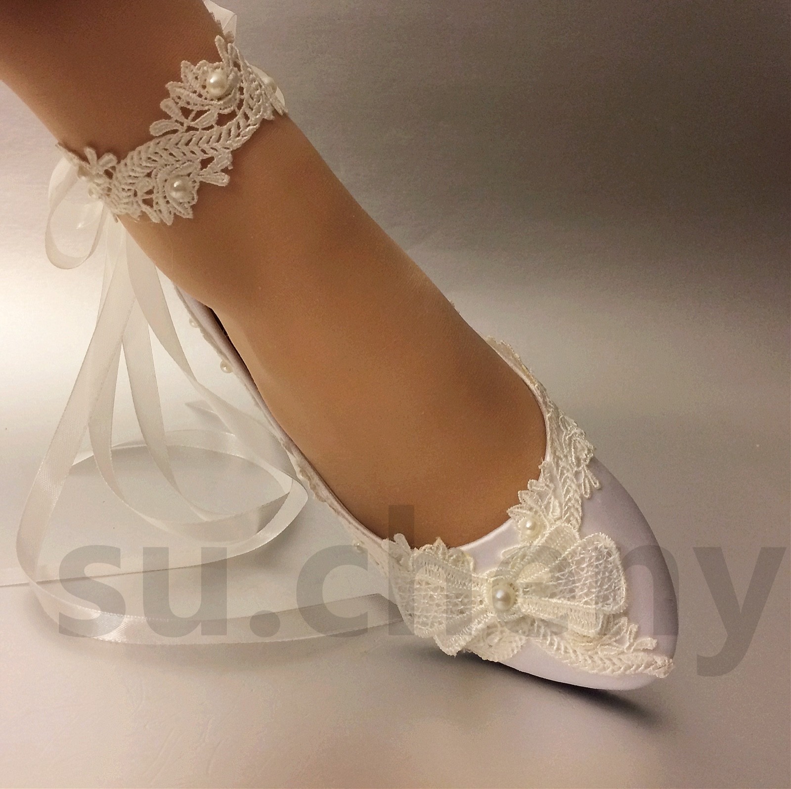 su.cheny white light ivory satin lace flat ballet Bridal Wedding shoes ...