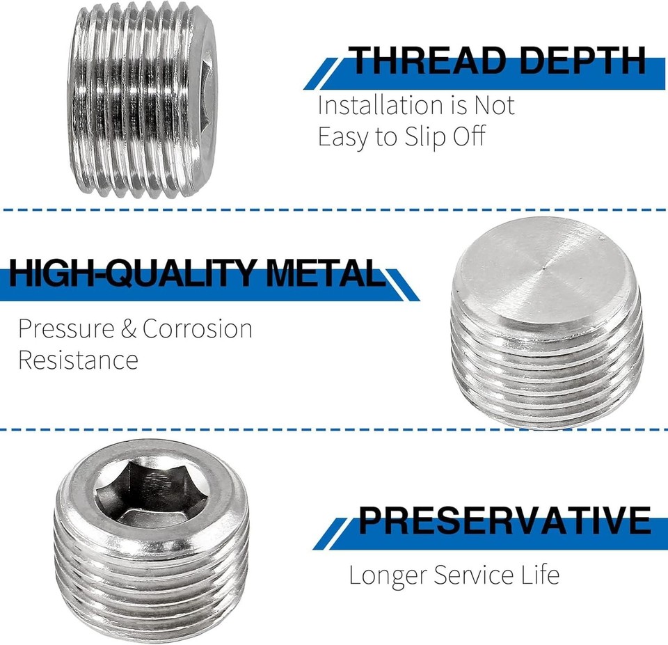 1/2" NPT Male Plug, 304 Stainless Steel Internal Hex Thread Pipe Plug ...