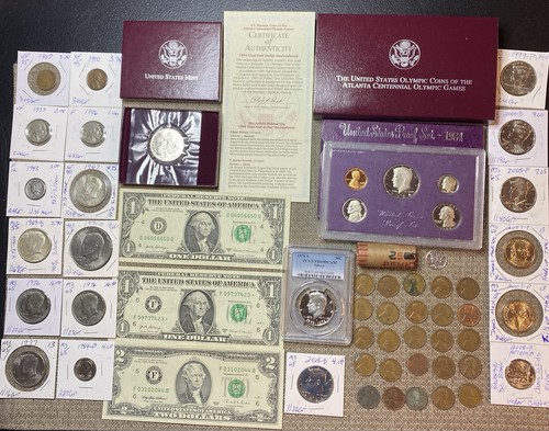 Huge Lot Of 5 Silver Coins, Mint Set, Olympic Clad, 3 Notes And 52 ...