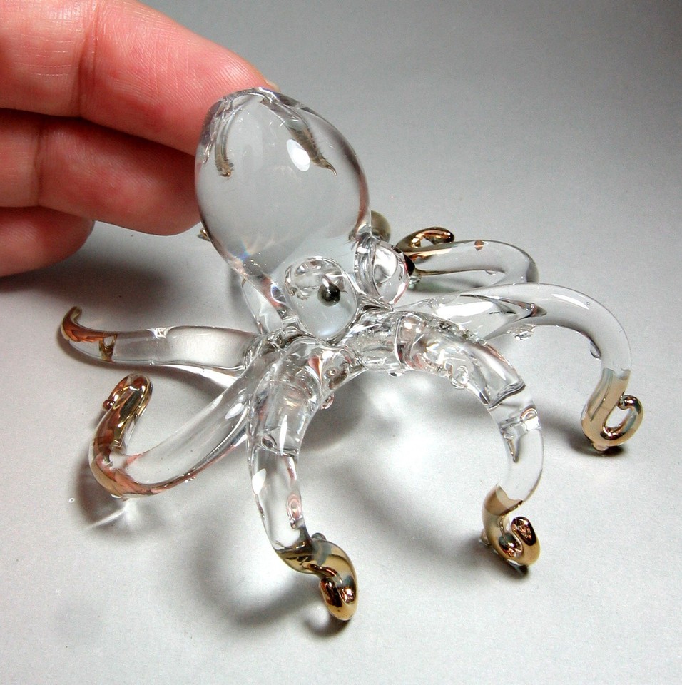 Octopus hand blown clear art glass figurine gold trim 2.5 inch Gift ...