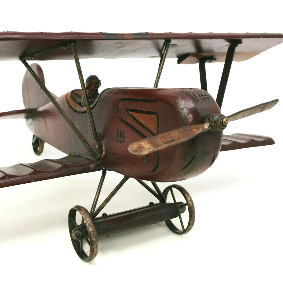 30" Wood Carved Biplane Fighter Pilot Plane Airplane Steel Wheels ...