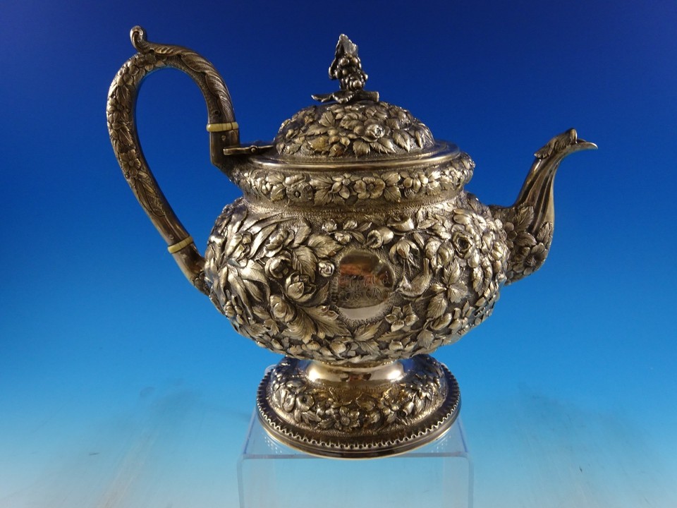 Repousse by AE Warner Coin Silver Tea Set 5 pc Samovar Birds Monkey ...
