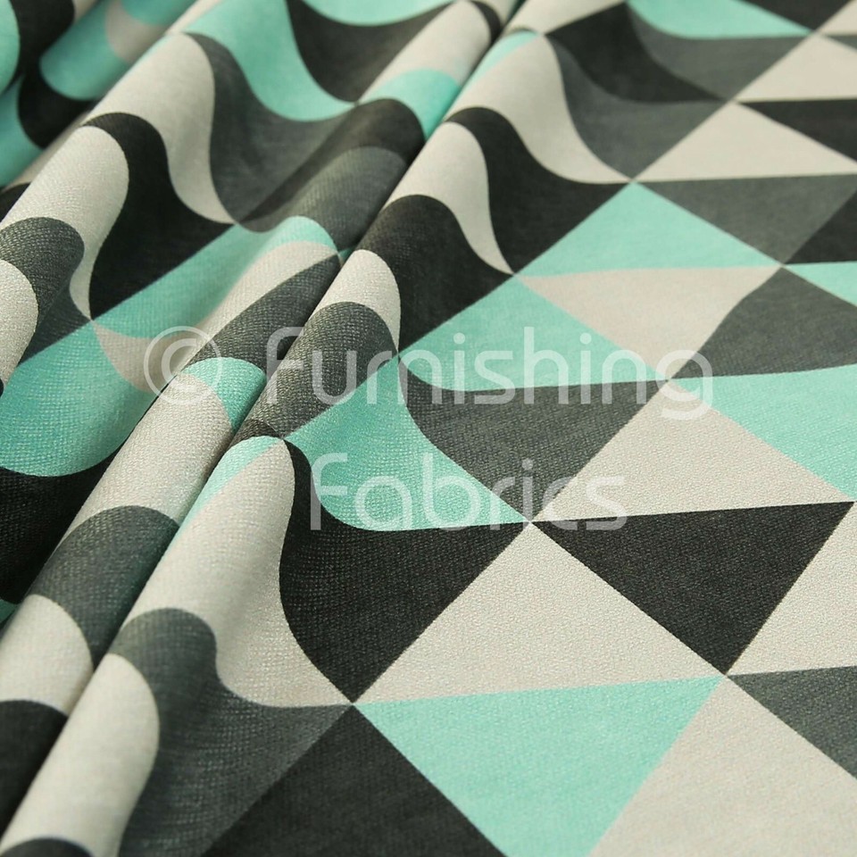 Designer Geometric Triangle Pattern Teal White Grey Interior Upholstery ...