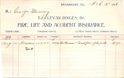 Clevan Dinges Williamsport PA 1898 Billhead Fire Life & Accident ...