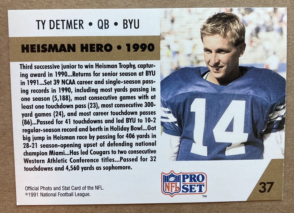 1991 Pro Set TY DETMER BYU 1990 Heisman Hero Football 37🔥🔥🏈🇺🇸 | eBay
