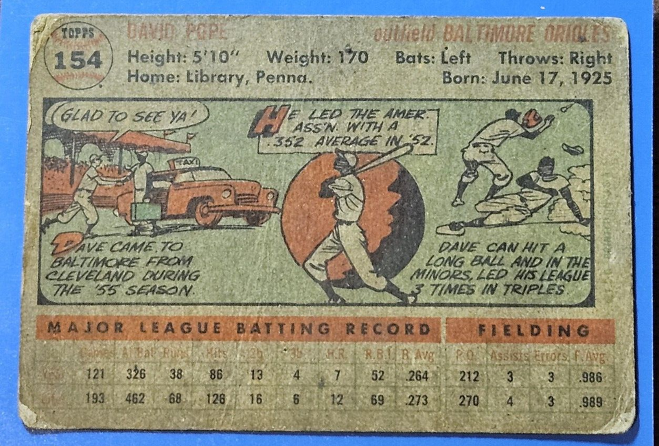1956 Topps Baseball Card #154 Dave Pope Baltimore Orioles | eBay