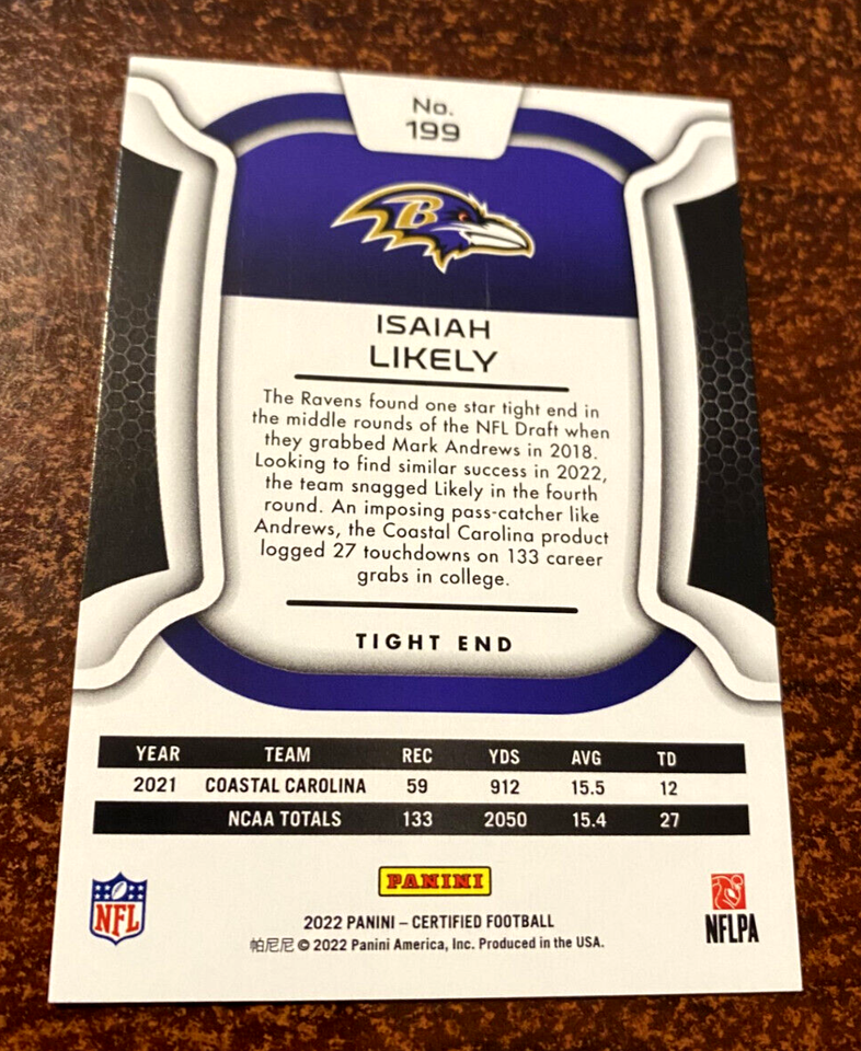 2022 Panini Certified ISAIAH LIKELY Rookie Card RC #'d /399 SP ...
