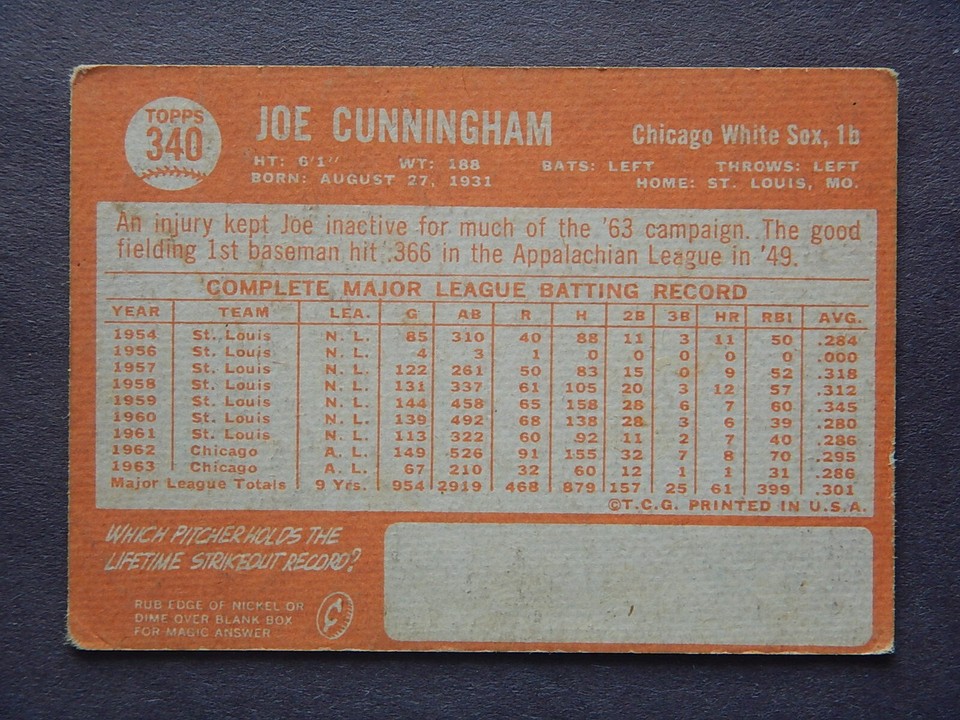Joe Cunningham #340 Topps 1964 Baseball Card (Chicago White Sox) *G | eBay