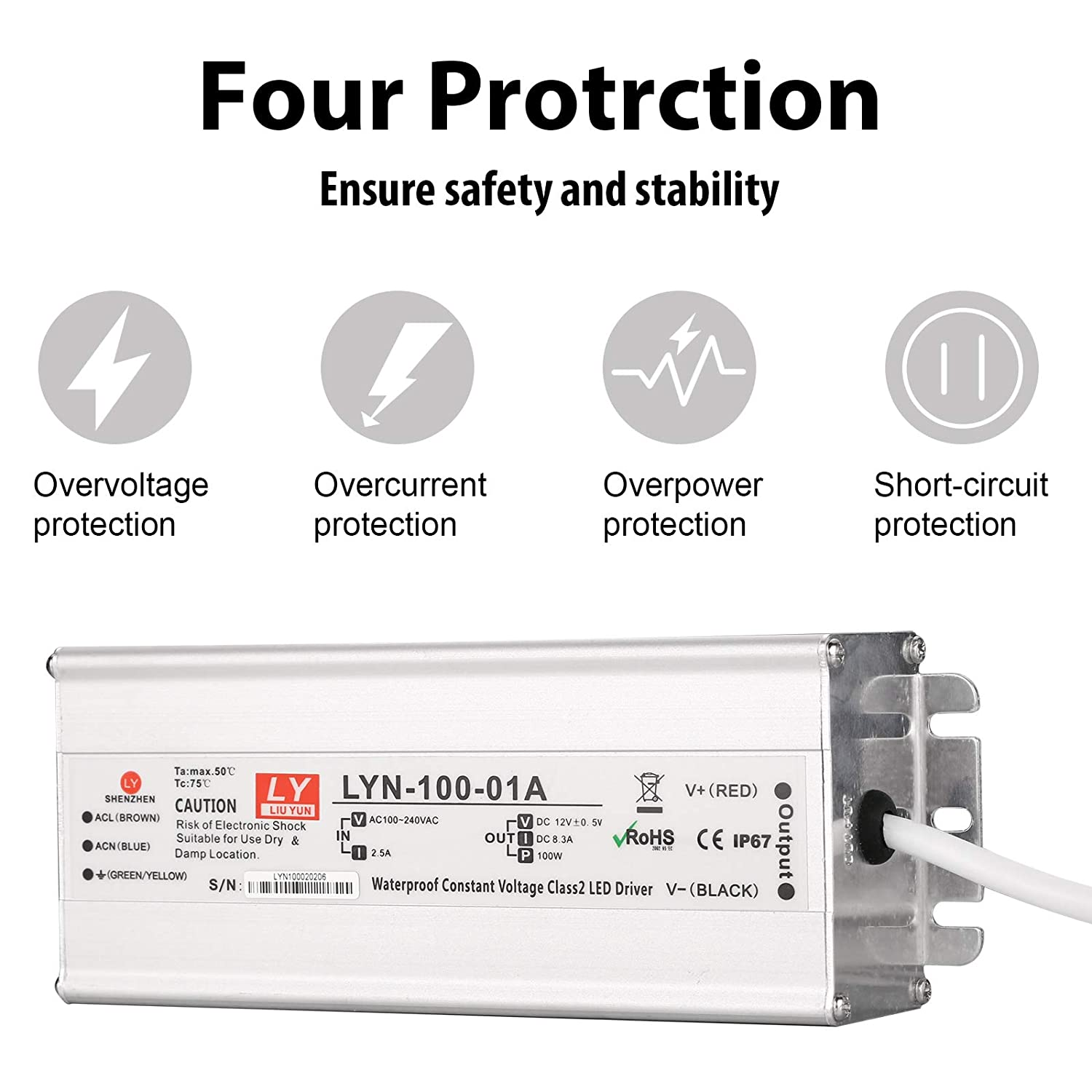 LED Driver 100 Watts 110V AC to 12V DC Low Voltage Output, IP67 ...