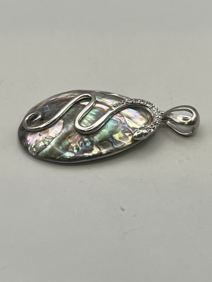 White Sapphire Silver Slithering Snake on Abalone Shell Pendant ...