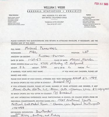 MIKE POMERANZ 1989 SIGNED PRINTED BASEBALL QUESTIONNAIRE PRE MLB | eBay