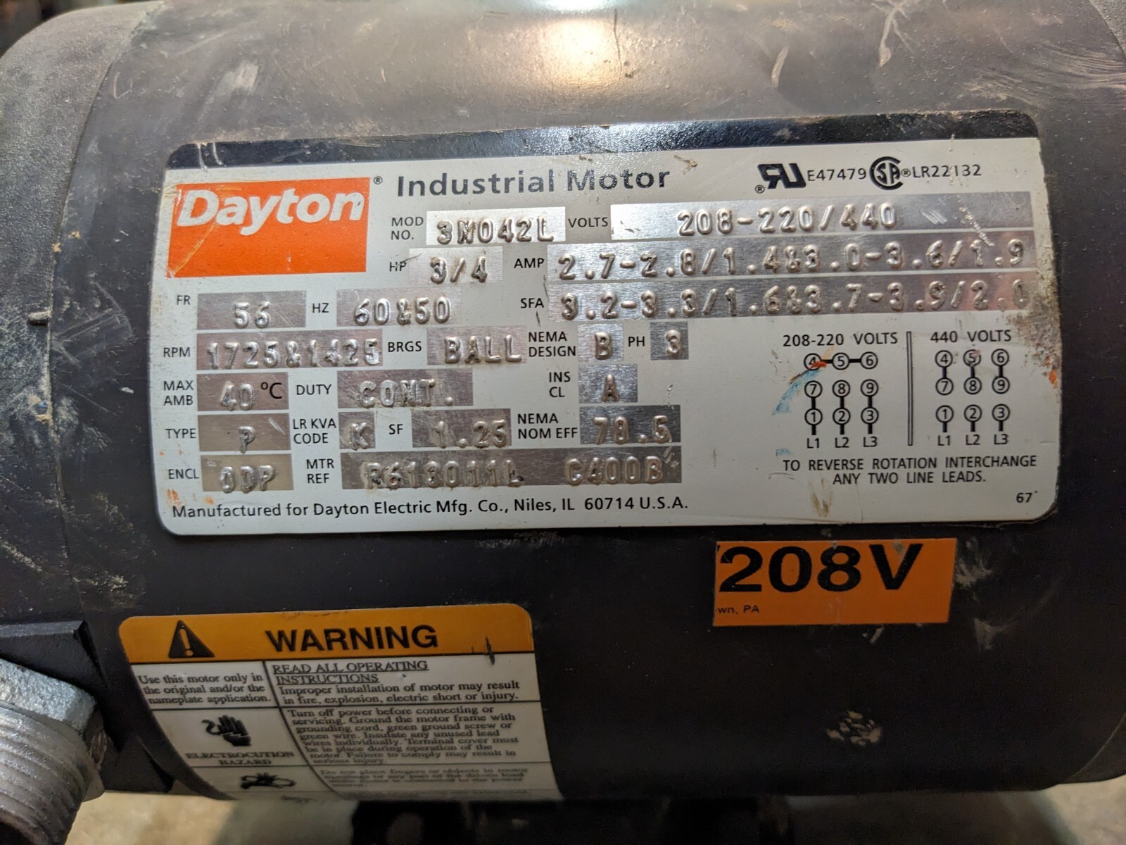 3N042L Dayton 3/4 HP, G Purpose Motor, 3Ph, 1725-1423 RPM | eBay