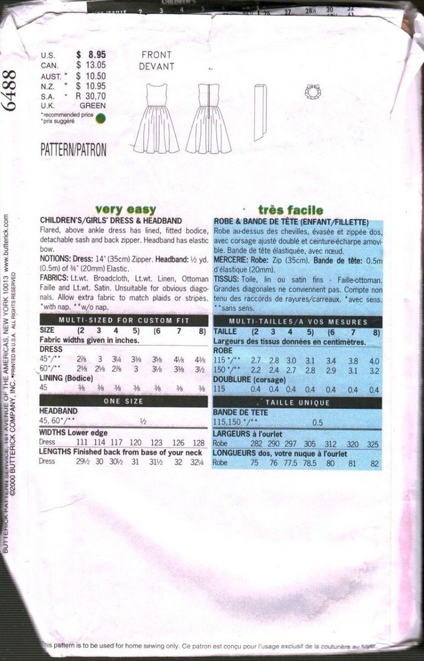 6488 Butterick Vintage SEWING Pattern Girls Flared Above Ankle Dress ...