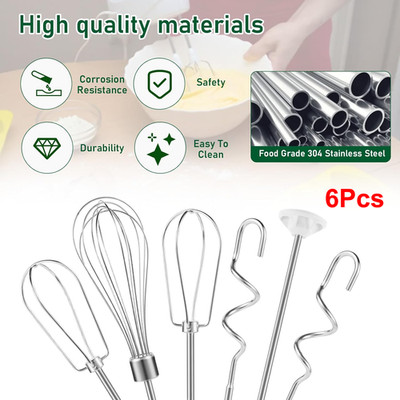 6Pcs Hand Mixer Attachments Beater Whisk Blending Rod and Dough Hooks ...