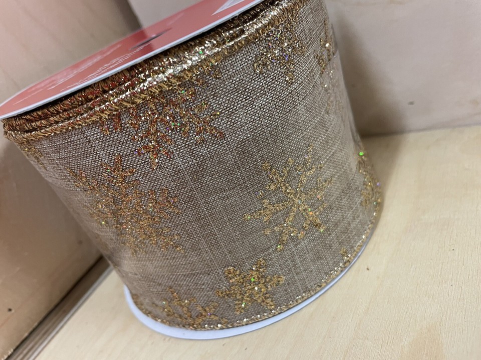Celebrate It Christmas Wired Ribbon Tan Burlap Glitter Snowflakes 3.5in ...