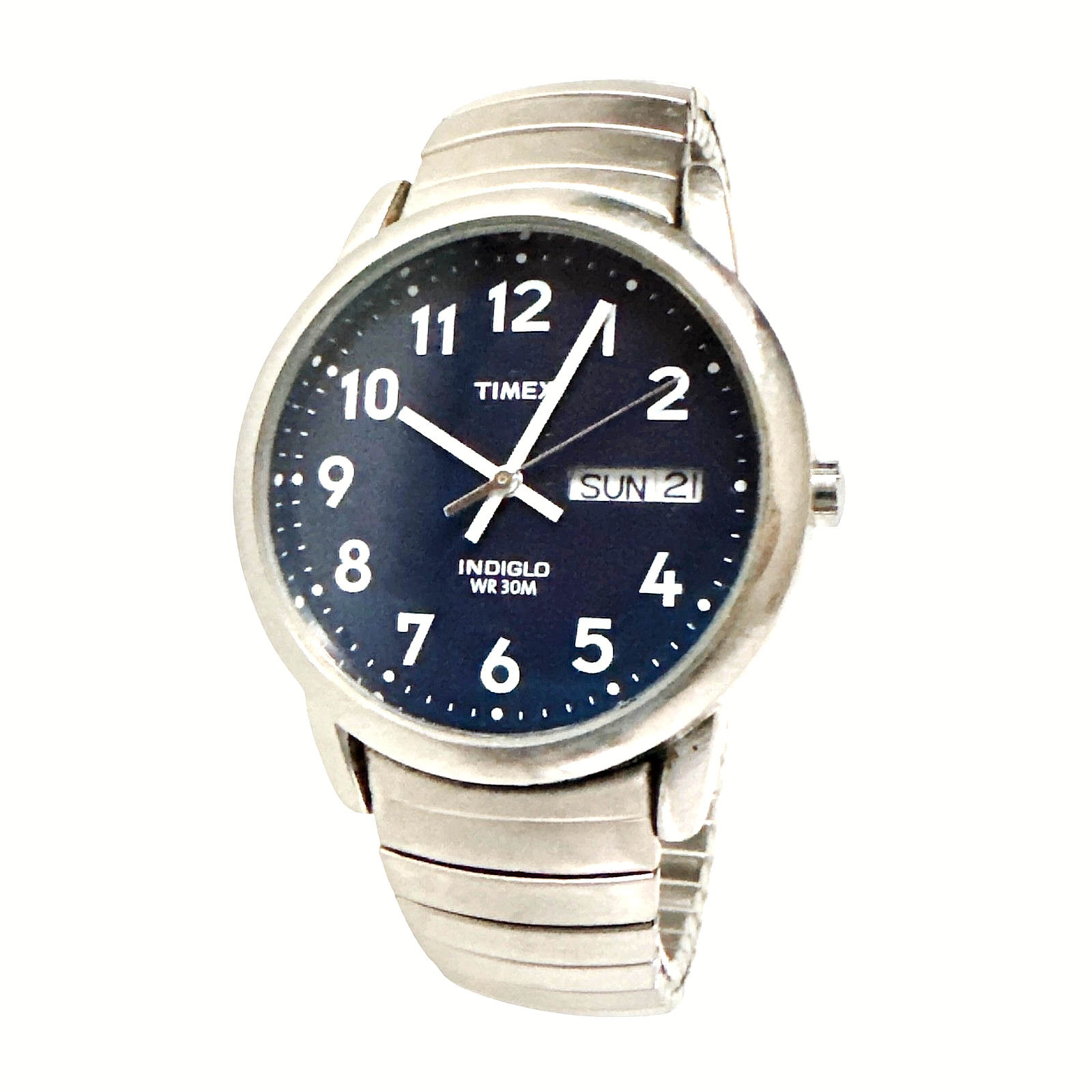 Timex Easy Reader Watch Mens Indiglo 35mm Blue Dial Day Date Stretch ...
