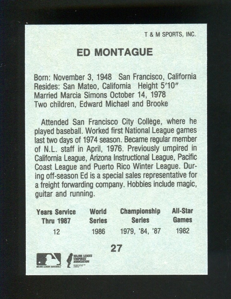 ED MONTAGUE 1988 T&M SPORTS UMPIRES #27 - RC ROOKIE - NM+ FUTURE HOF | eBay