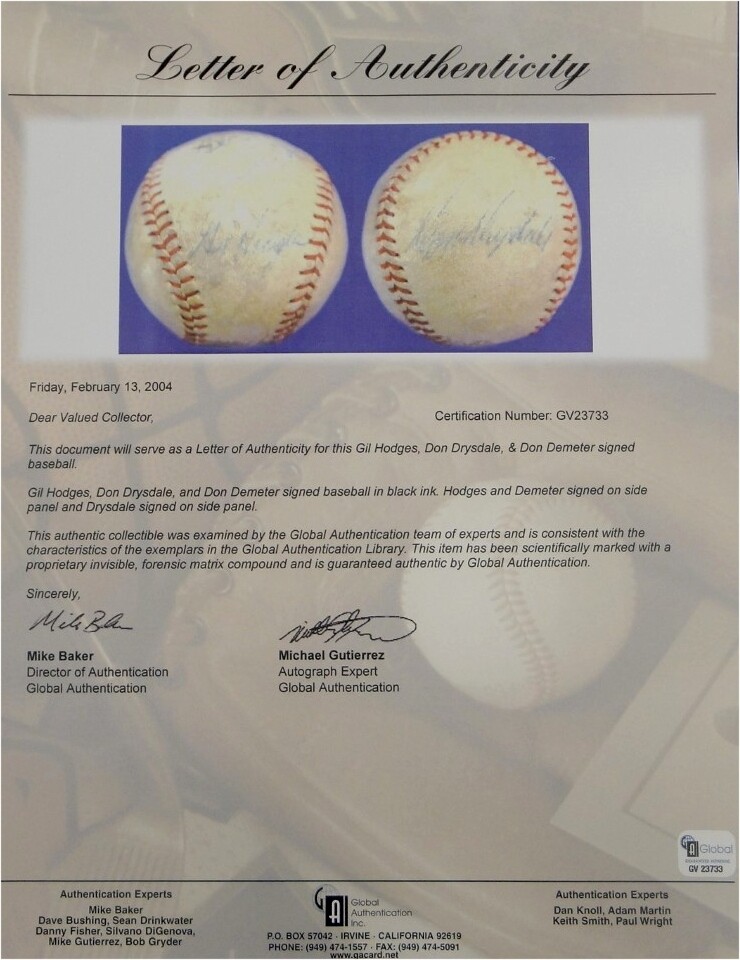 Gil Hodges Don Drysdale Don Demeter Hand Signed Major League Baseball ...