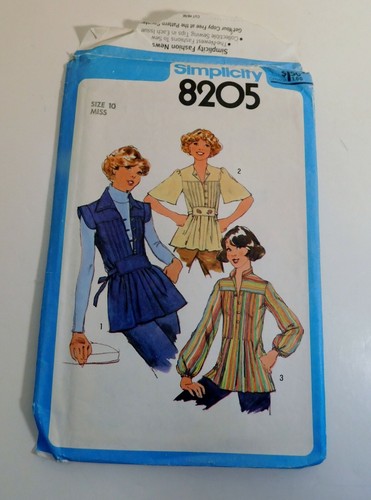 1977 Simplicity Pattern 8205 Pullover Top Loop Button Placket Size 10 ...