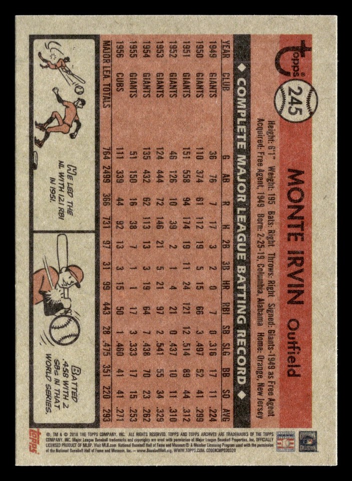 Monte Irvin 2018 Topps Archives #245 New York Giants BASEBALL *127 | eBay