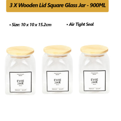 3 X 900ML Clear Glass Jar Wooden Lid Lolly Storage Jar Kitchen Weeding ...