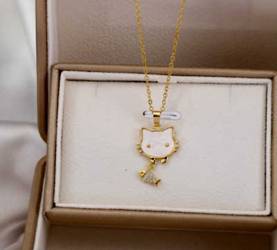 Titanium Gold White Hello Kitty Cat Fish Shell Pave CZ Pendant Chain ...