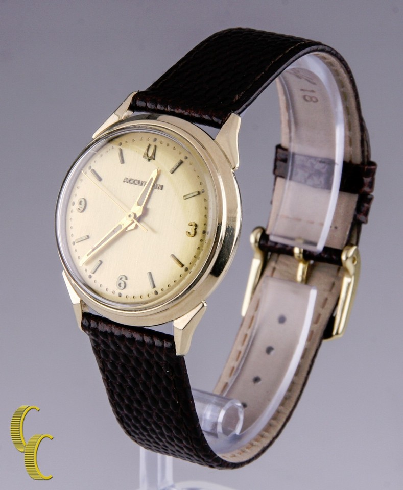Vintage Men's Bulova Accutron Champagne Round Dial Brown Leather Band ...