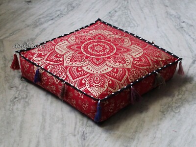 16X4" Square Box Cushion Cover Red Gold Floral Mandala Floor Pillow ...