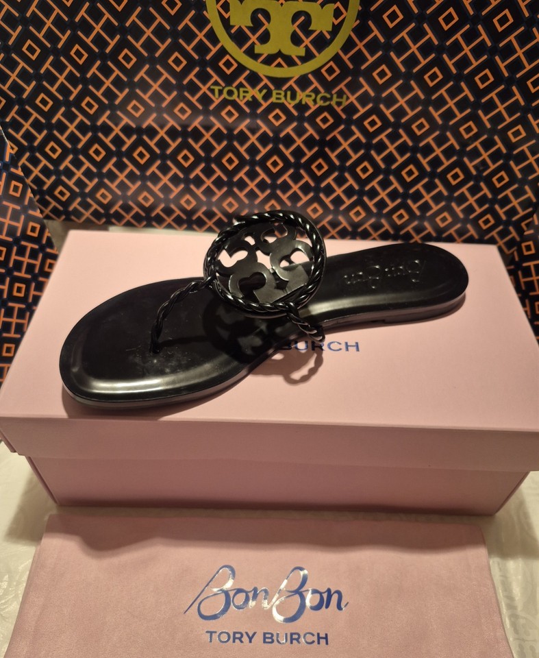 TORY BURCH X BON BON MILLER LTHR SANDALS BLACK LICORICE;176282;SZ 8;NIB ...