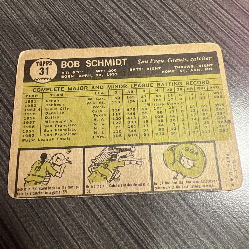 1961 TOPPS CARD#31 BOB SCHMIDT GIANTS | eBay