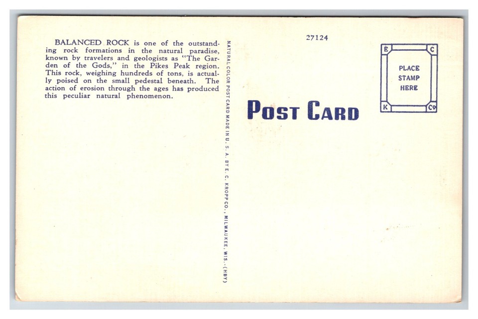 Balanced Rock Garden of the Gods Manitou Springs CO UNP Linen Postcard ...