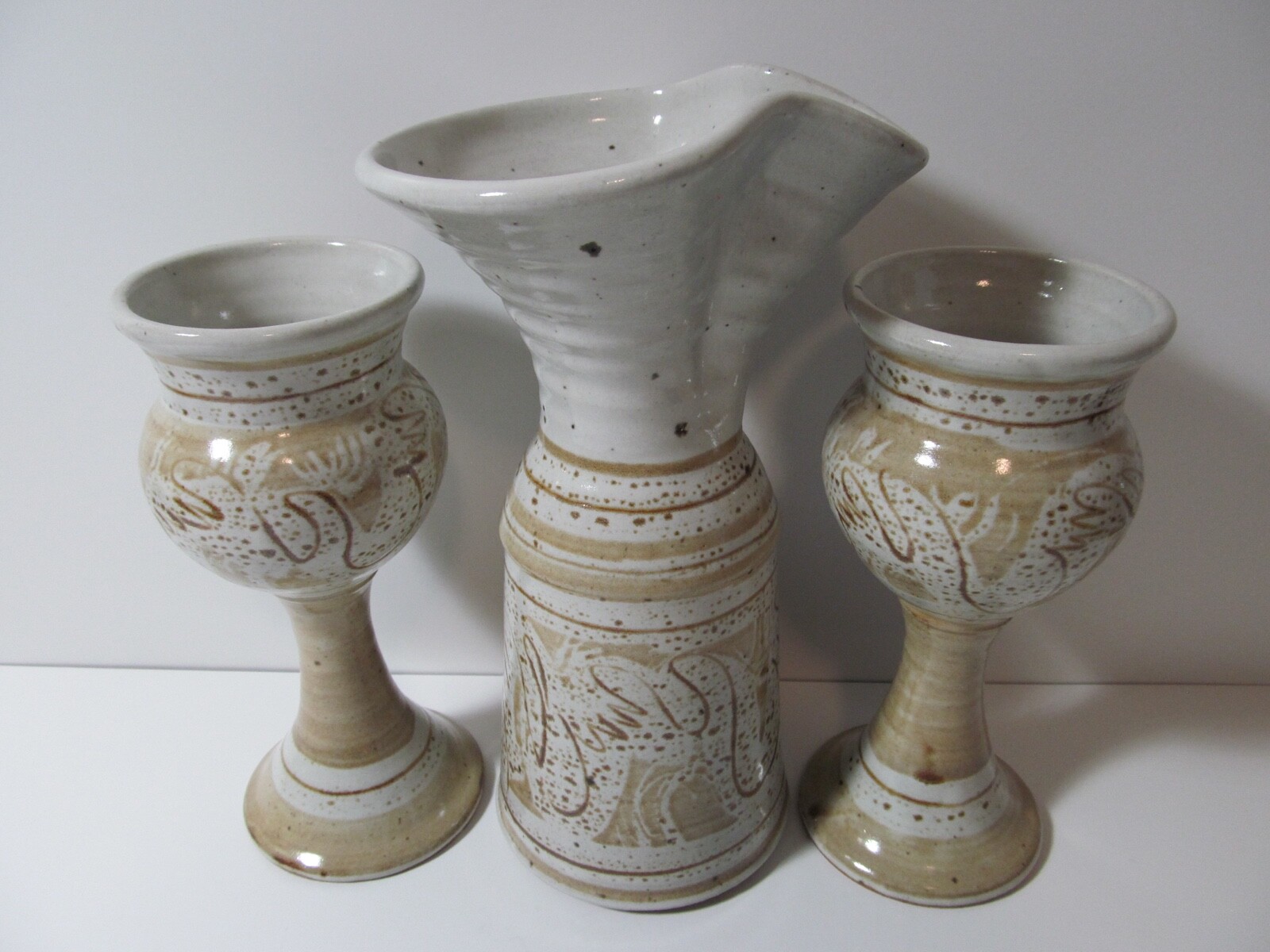 VINTAGE HAGE STONEWARE PITCHER AND 2 GOBLETS HANDCRAFTED ART POTTERY ...