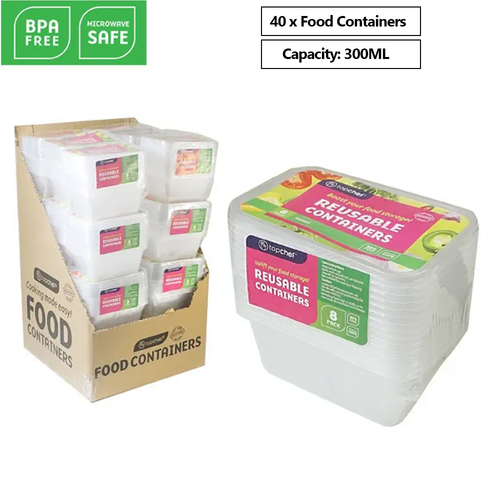 40 x Takeaway Food Containers Plastic Lids rectangular 300ml Meal Prep ...