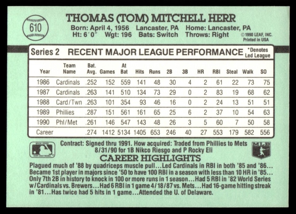 1991 Donruss #610 Tom Herr New York Mets | eBay